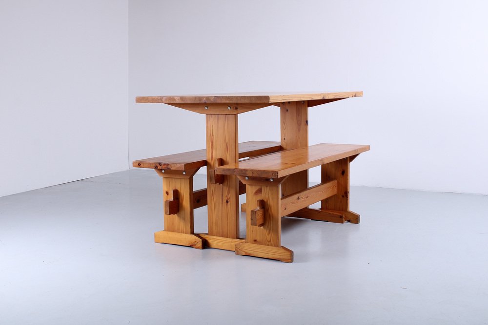 Small Pinewood Dining Table and Benches from Charlotte Perriand, 1970s ...