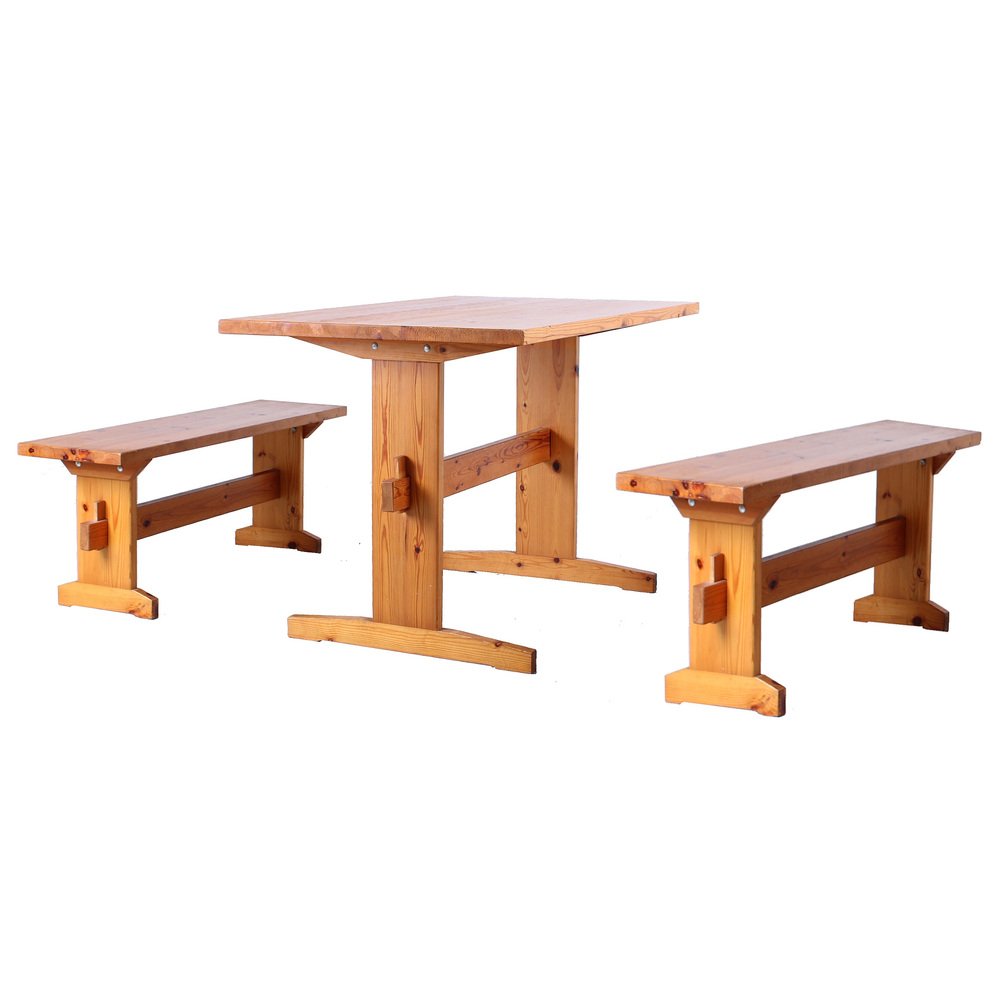 Small Pinewood Dining Table and Benches from Charlotte Perriand, 1970s ...