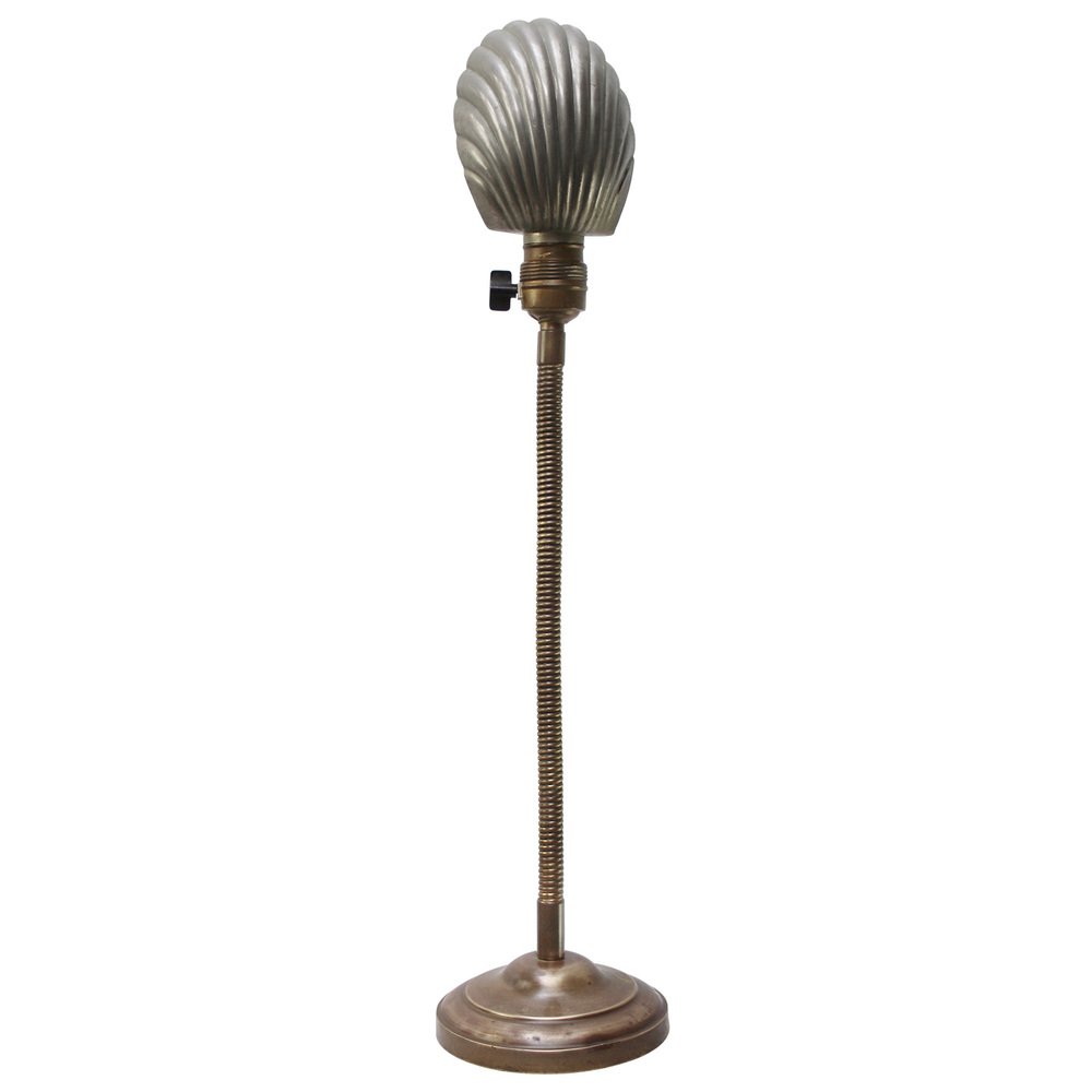 Art Deco Belgian Shell Brass Gooseneck Desk Lamp for sale at Pamono