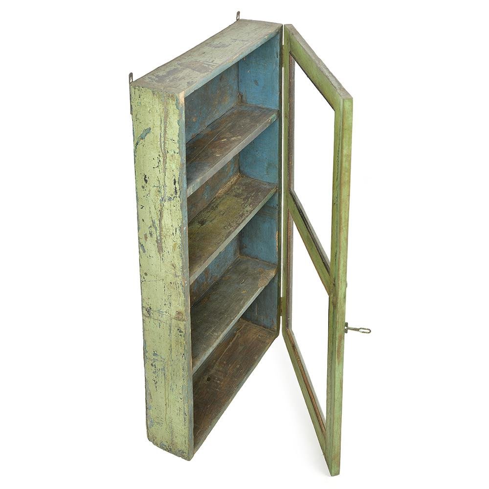 Antique Solid Wood Wall Display Case with Green Patina for sale at Pamono