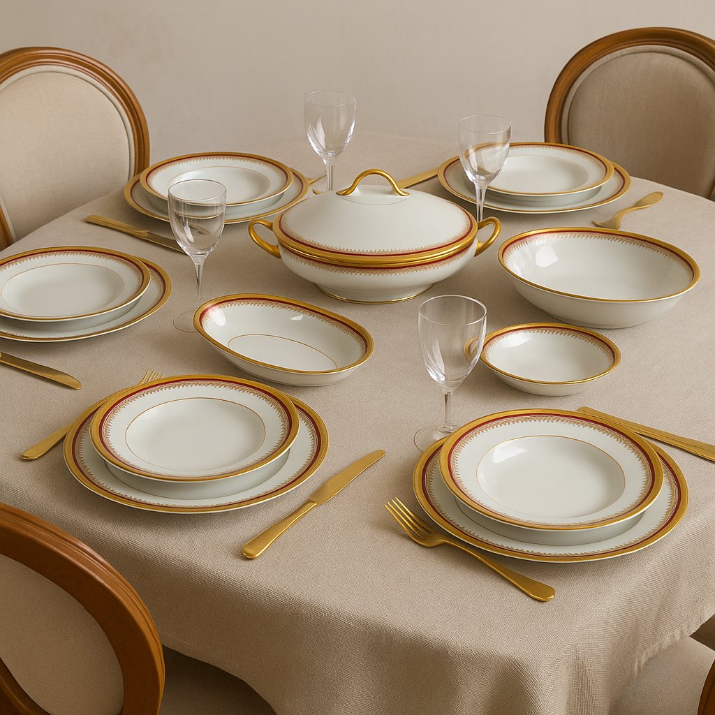 Porcelain Dinner Service with Red and Gilt Decor from Limoges, 1980s ...