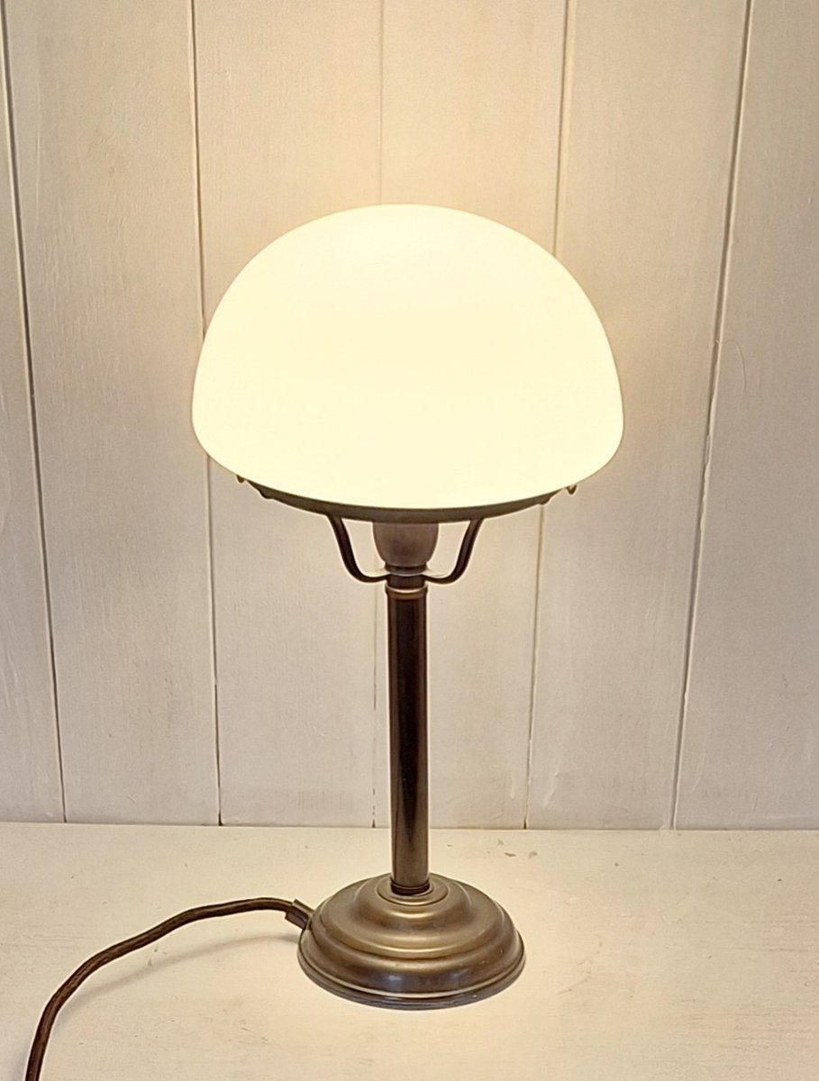 Vintage German Table Lamp with Patinated Brass Base and Opaque White ...