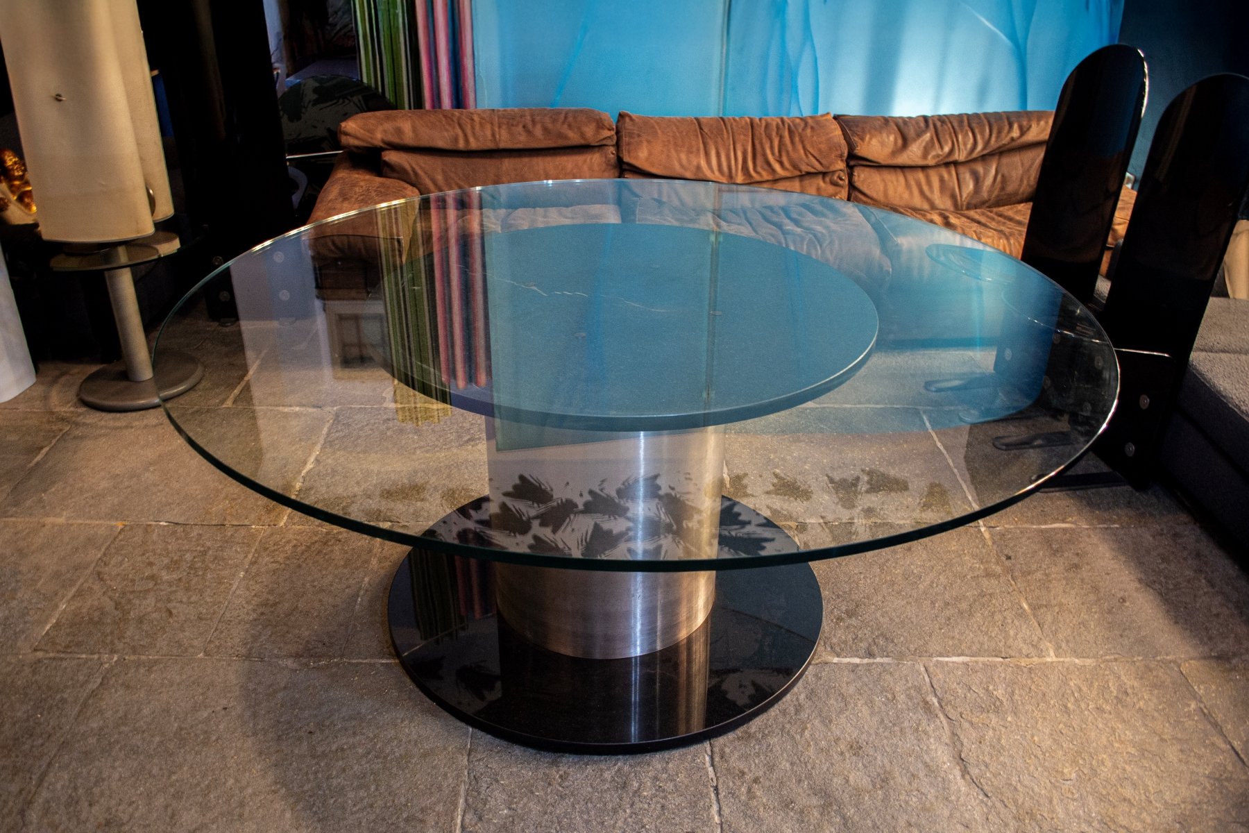 Space Age Table in Marble, Glass and Steel, 1970s for sale at Pamono