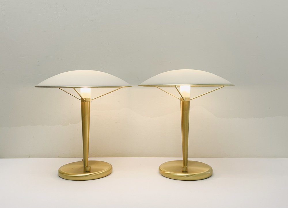 Brass and Glass Saucer Table Lamps from Holtkotter Leuchten, 1980s, Set ...