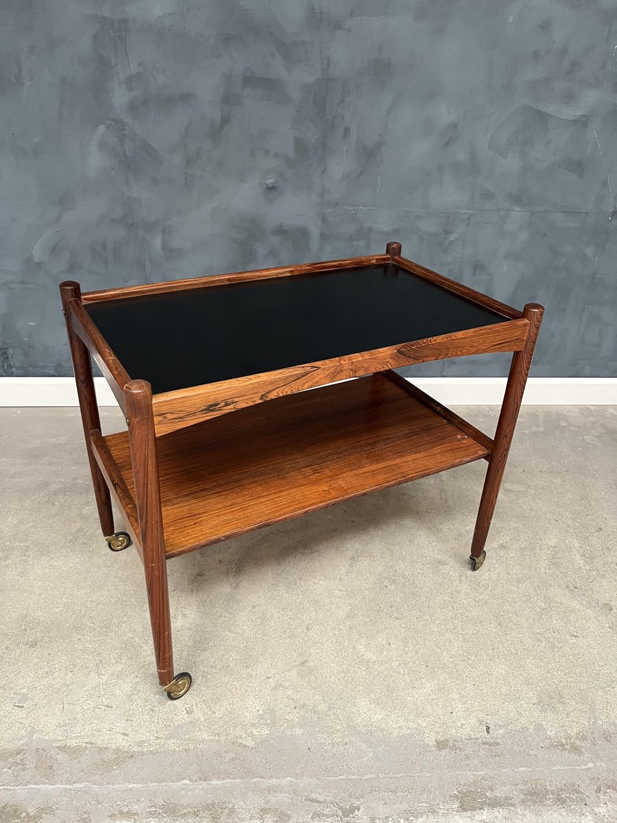 Rosewood Rolling Cart with Black Formica Top, 1960s for sale at Pamono