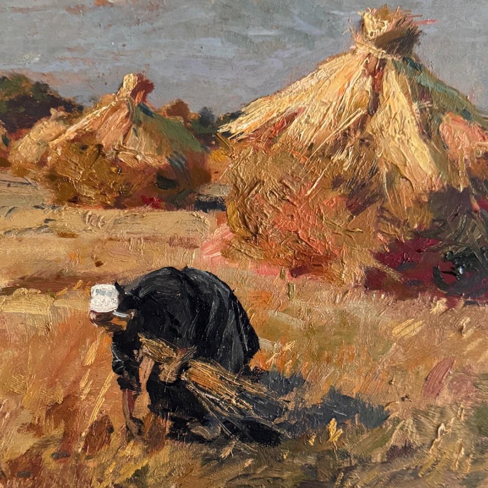 Henri Vollet, Donna bretone che raccoglie il fieno, Olio su tavola, con ...