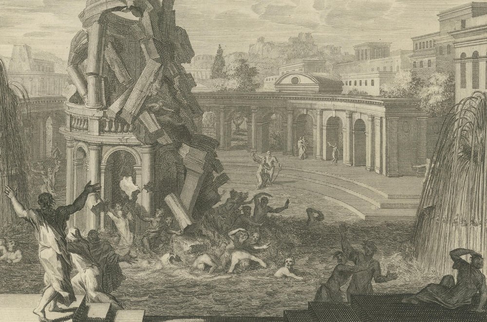 Pieter Mortier, Johannes der Täufer im Gefängnis und Fall des Turms von Siloam, 1700, Papier bei ...