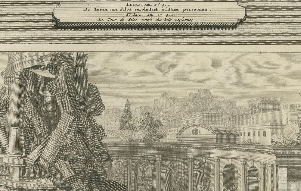 Pieter Mortier, Johannes der Täufer im Gefängnis und Fall des Turms von Siloam, 1700, Papier bei ...