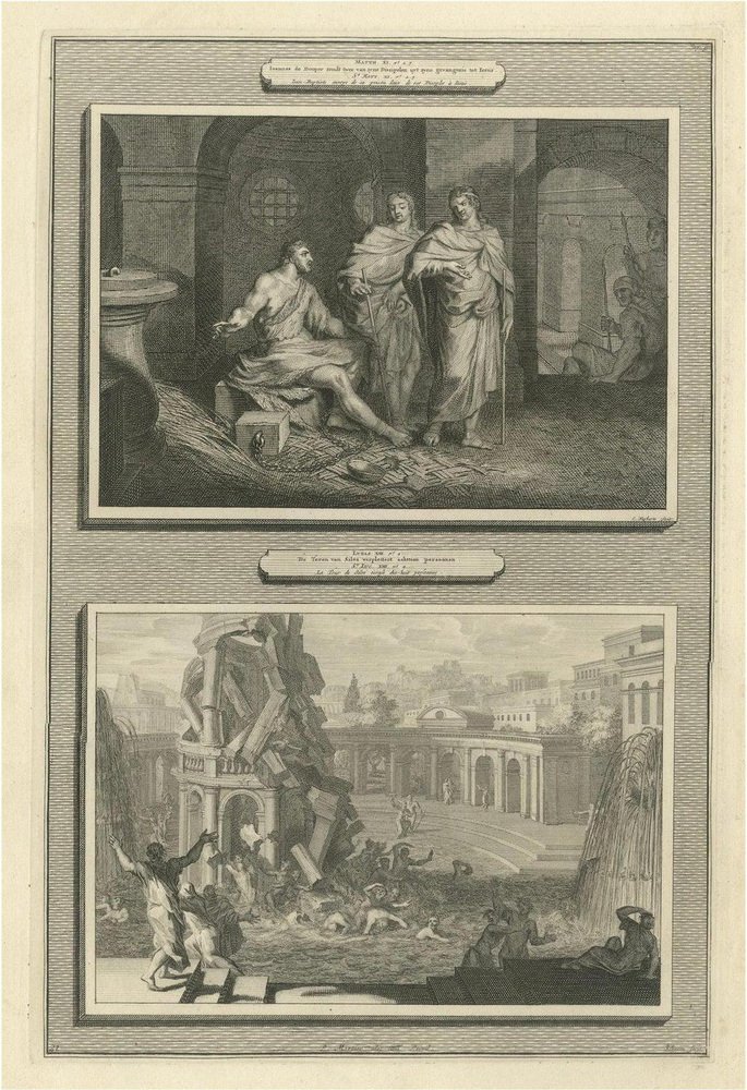 Pieter Mortier, Johannes der Täufer im Gefängnis und Fall des Turms von Siloam, 1700, Papier bei ...