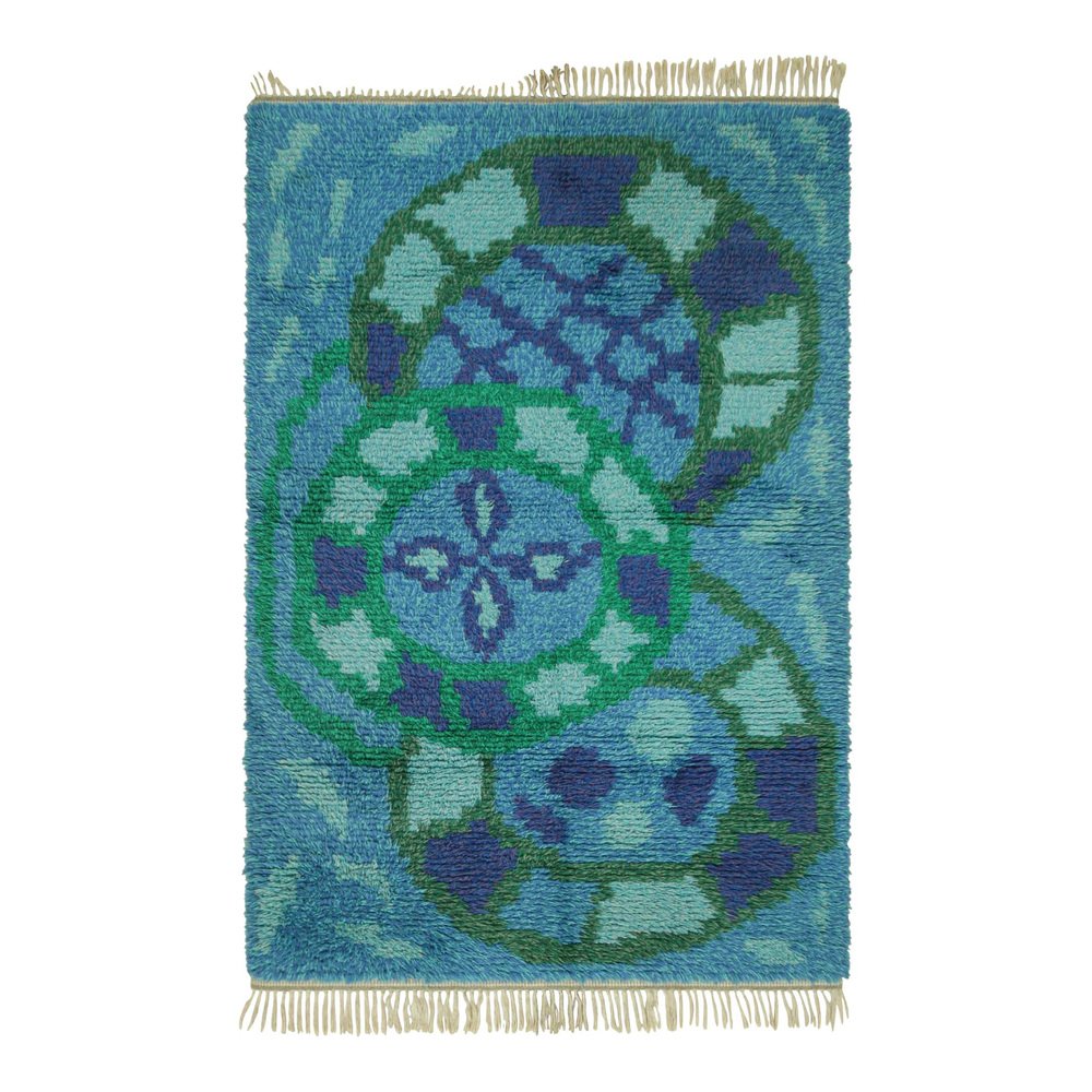 Vintage Swedish Rya Rug in Blue and Green with Geometric Pattern for ...