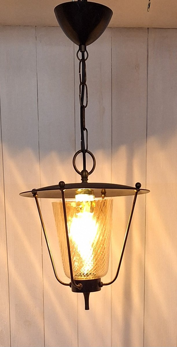 Mid-Century German Pendant Lamp in Black Metal with Brass Brackets ...