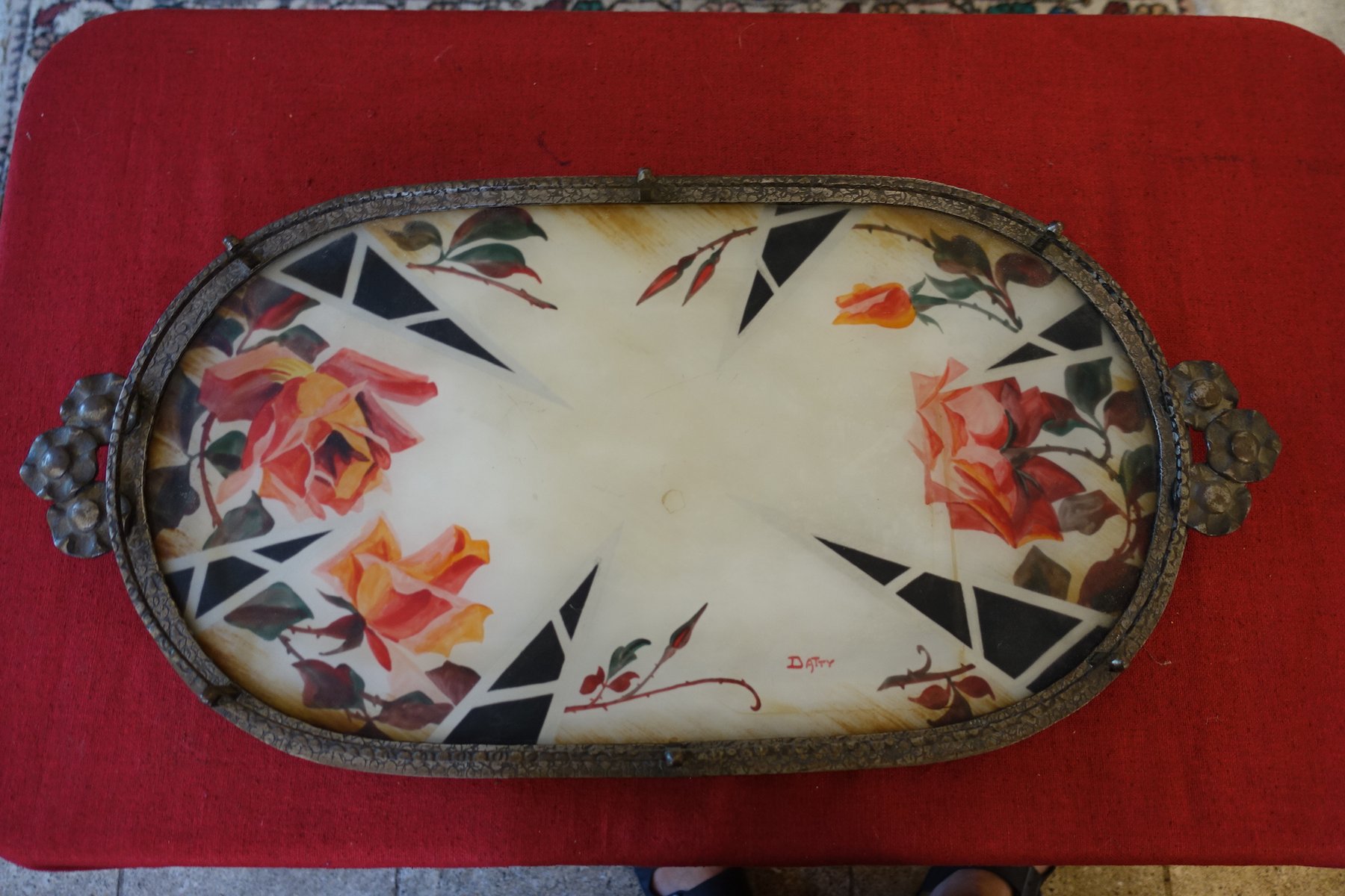 Art Deco Wrought Iron and Painted Glass Centerpiece, 1930s for sale at Pamono