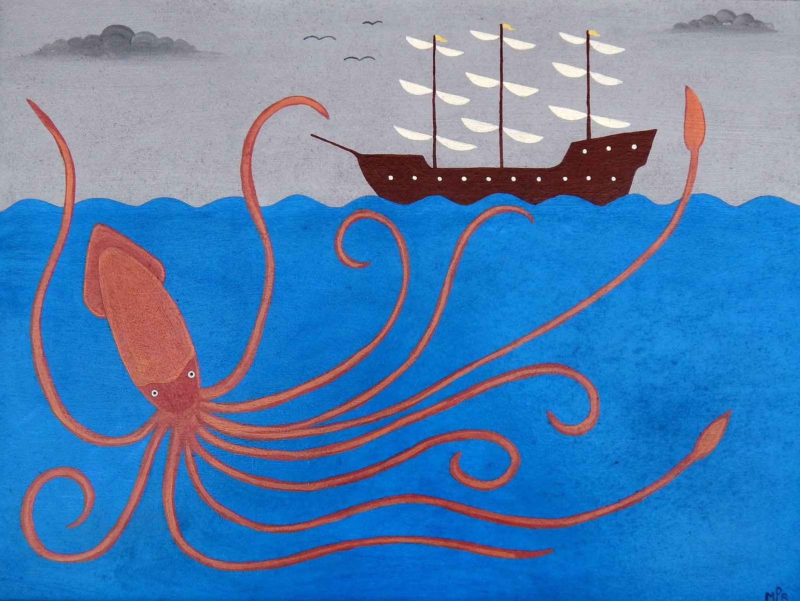 Matt Rix, Naive Style Giant Squid & Sail Ship, Oil on Board, Framed for ...