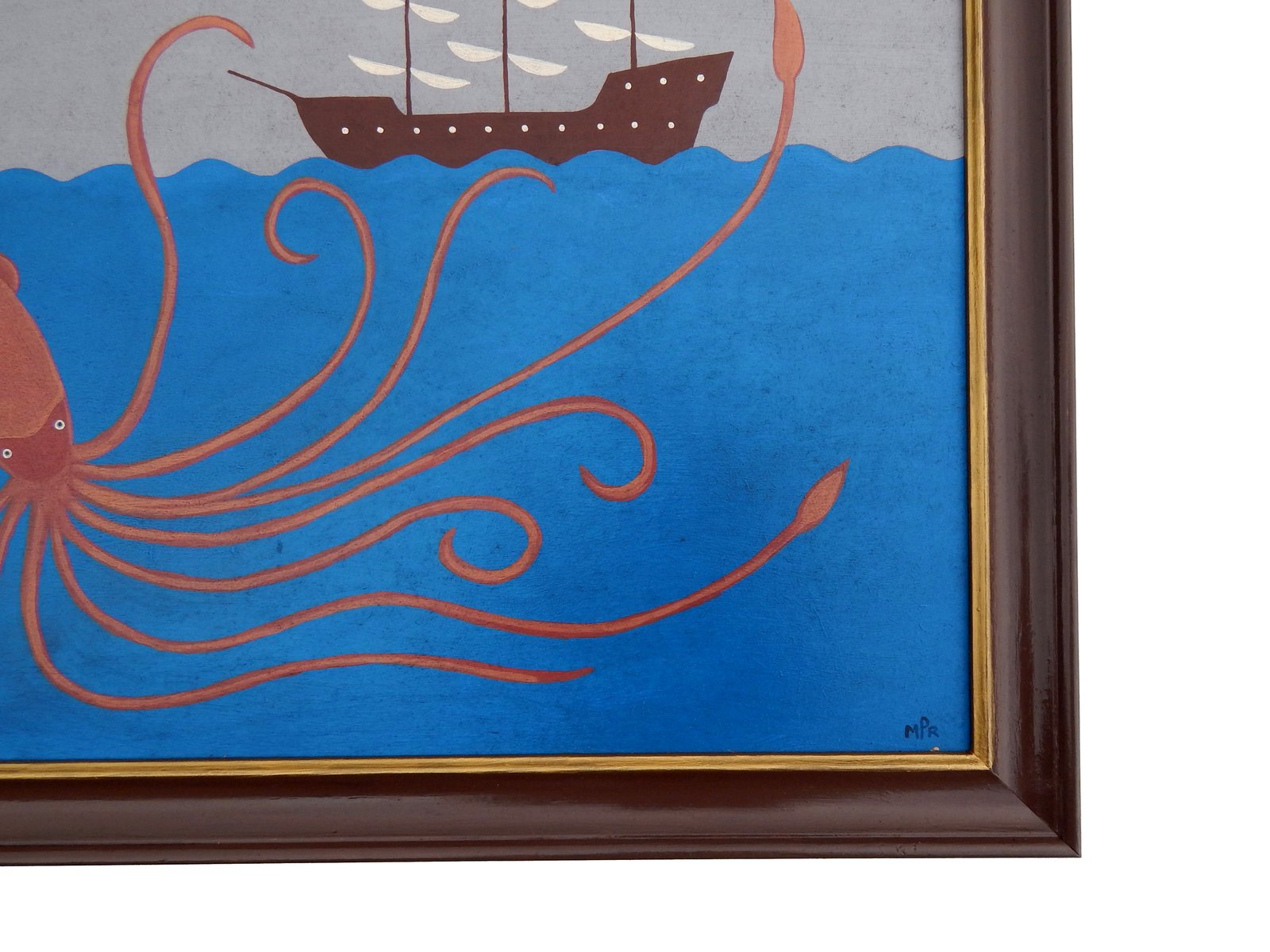 Matt Rix, Naive Style Giant Squid & Sail Ship, Öl an Bord, gerahmt bei ...