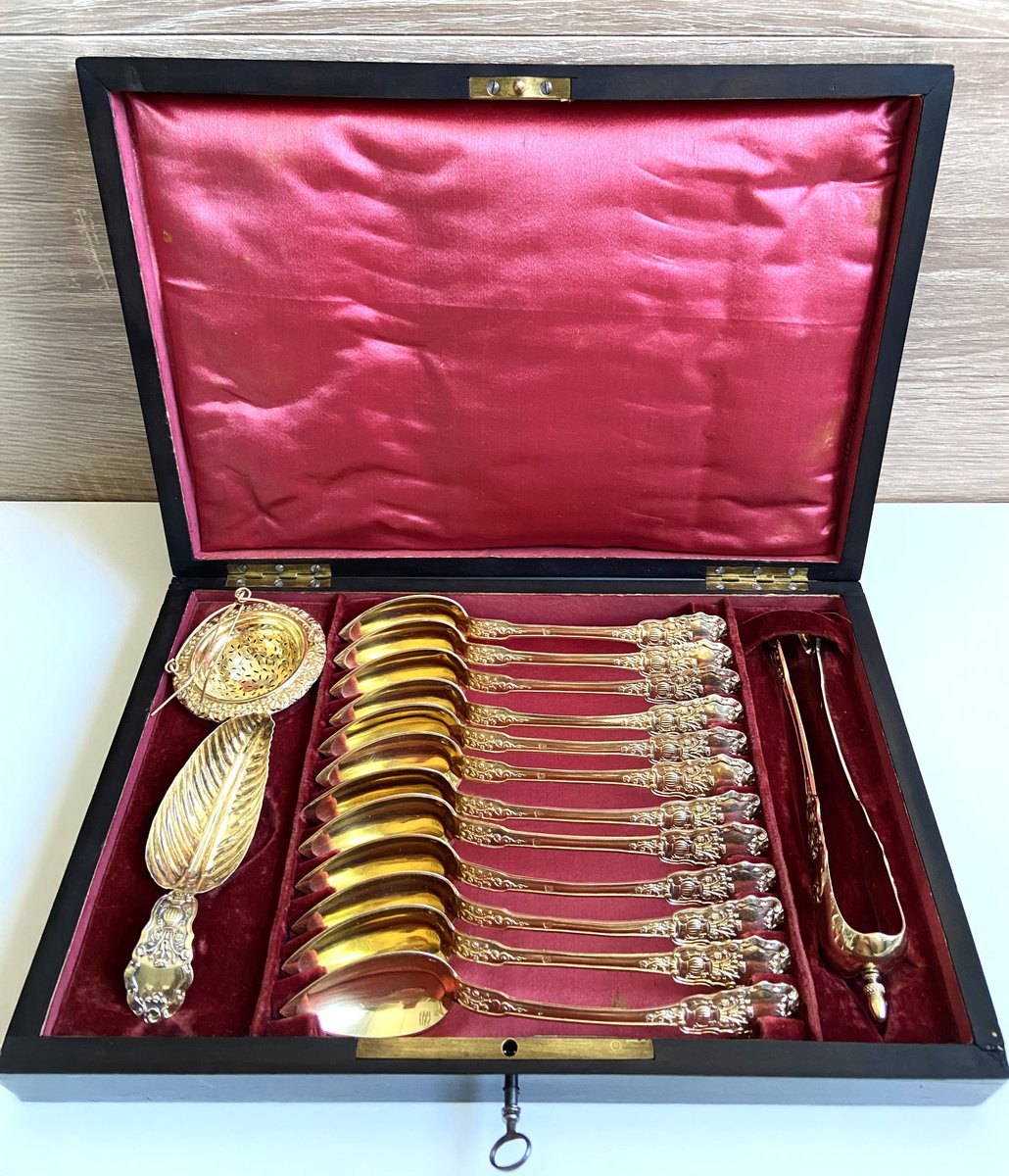 French Napoleon III Tea Set in Silver and Gold Vermeil, Set of 15 for ...