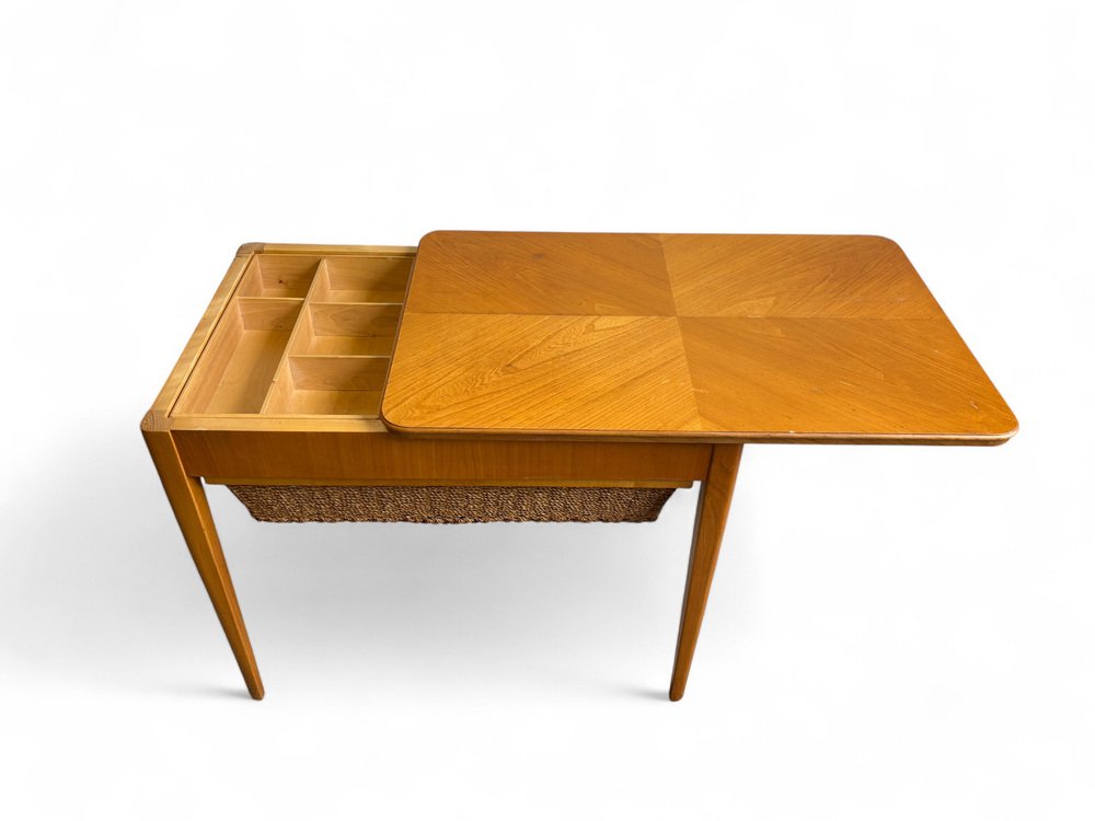 Scandinavian Modern Sewing Table in Teak and Cane, 1950s for sale at Pamono