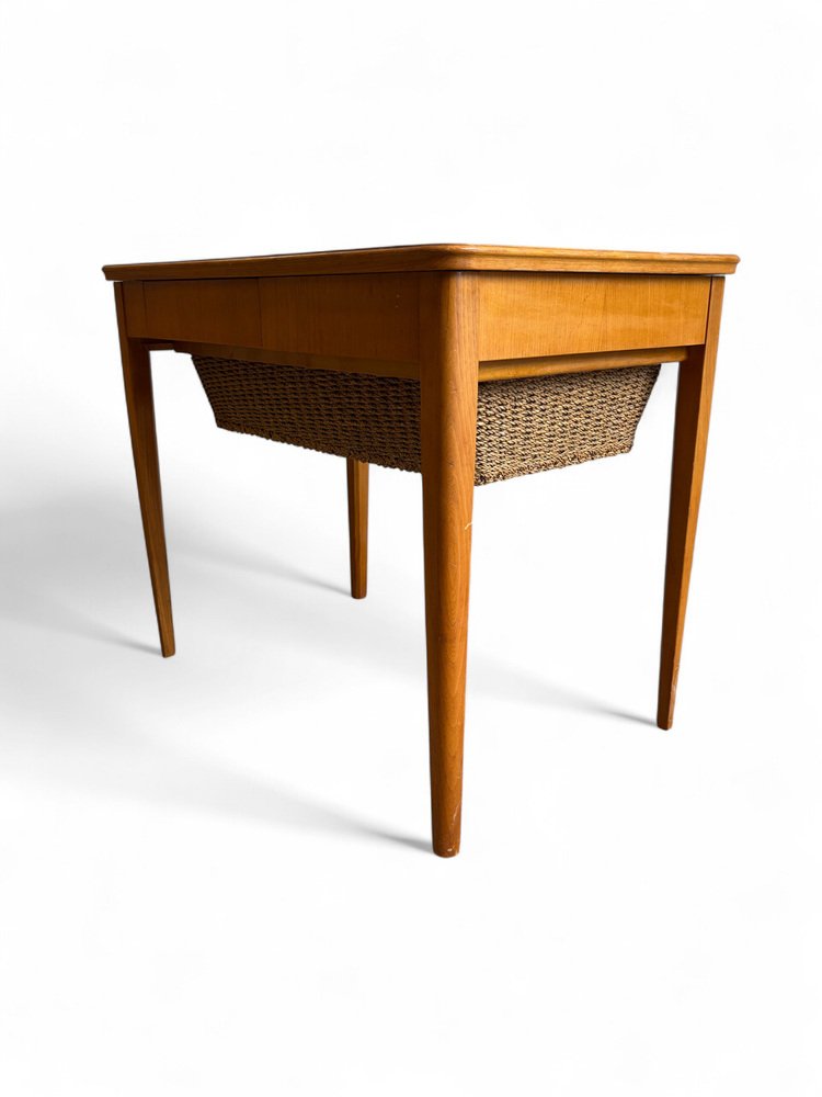 Scandinavian Modern Sewing Table in Teak and Cane, 1950s for sale at Pamono