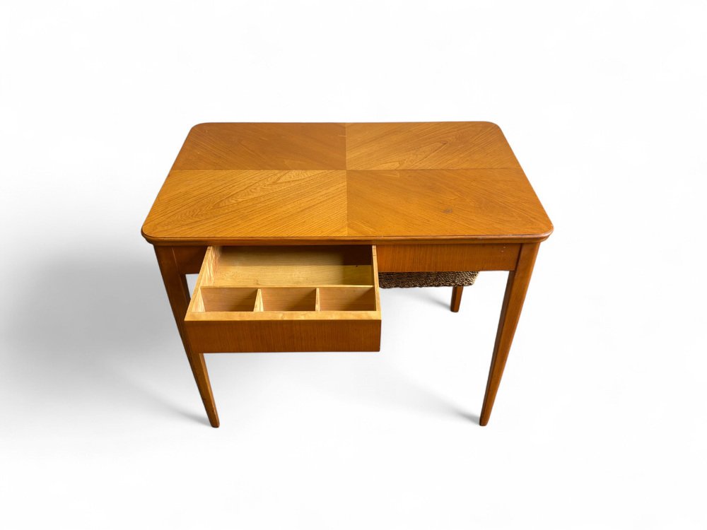 Scandinavian Modern Sewing Table in Teak and Cane, 1950s for sale at Pamono