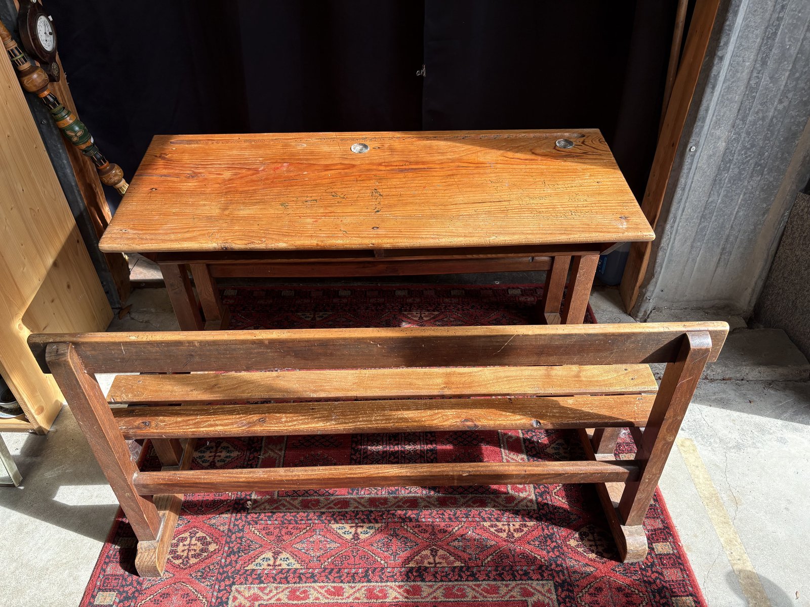 Vintage Wooden School Desk with Built-in Bench, 1950s for sale at Pamono