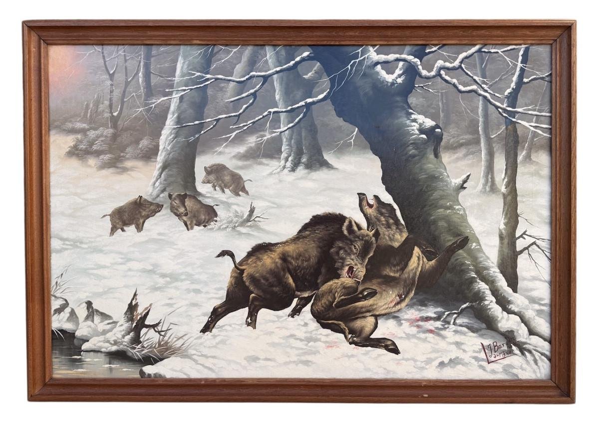 J. Bardin, Boar Fight, Oil Painting, Framed for sale at Pamono