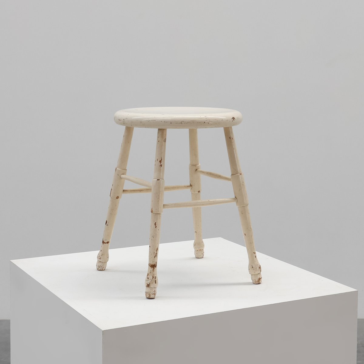 Rustic White Wooden Low Farm Stool, France, 1920s for sale at Pamono