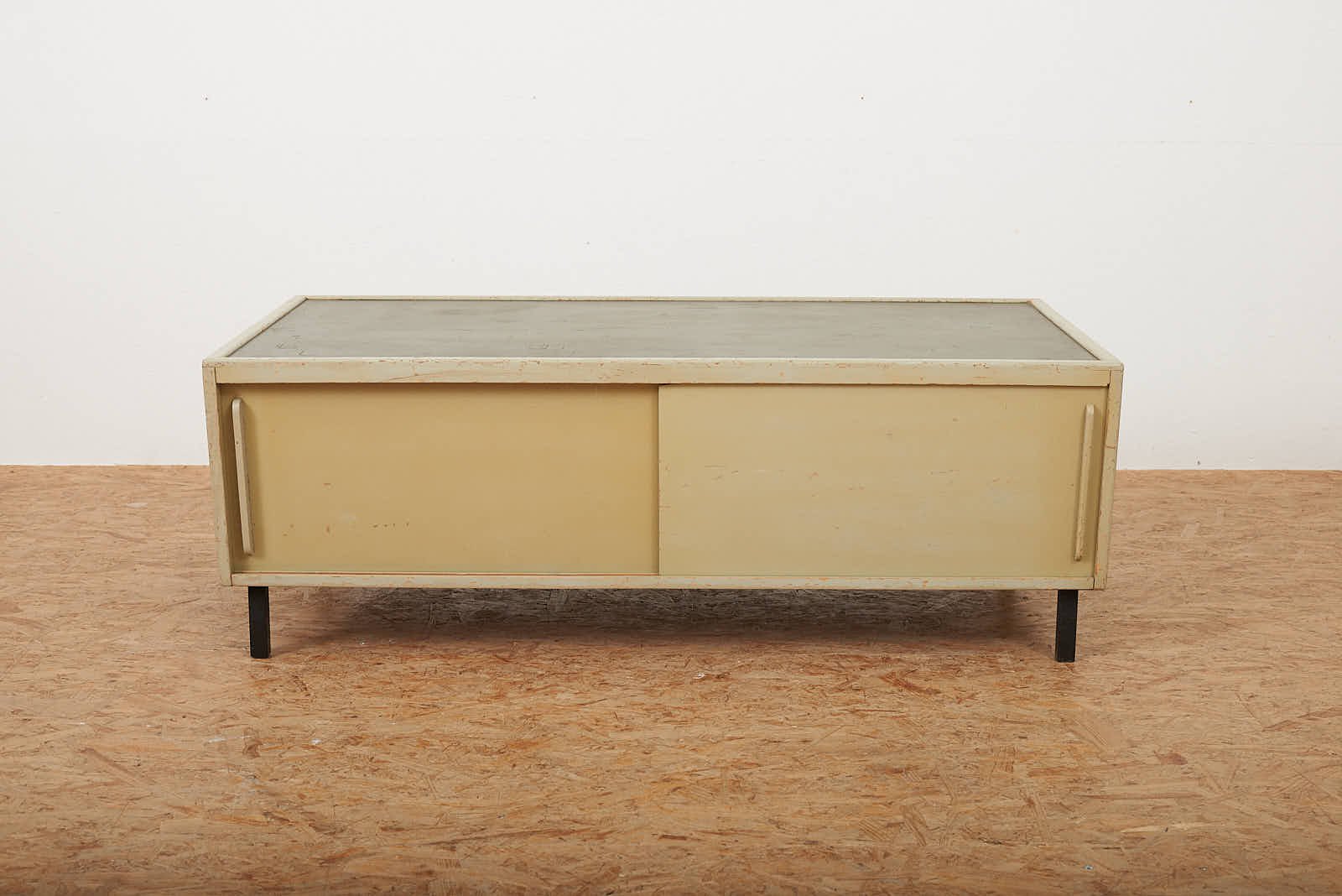 Green-Gray Plywood Lowboard with Black Metal Feet, Green Linoleum Shelf ...