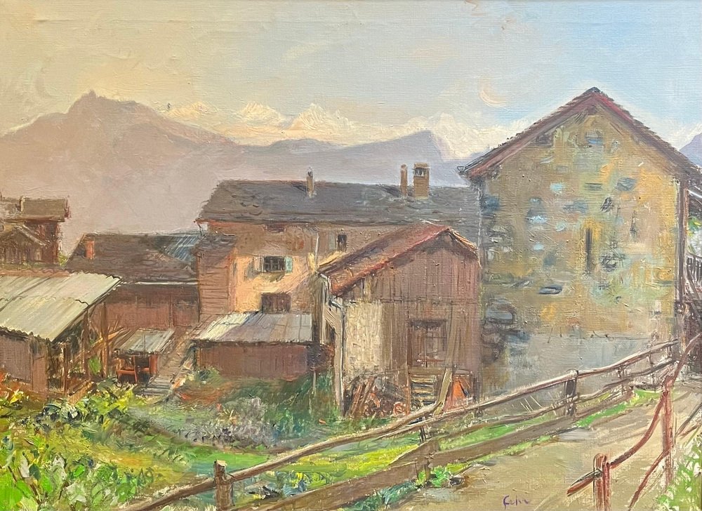 Henri Fehr, Rural Village, Oil on Canvas for sale at Pamono