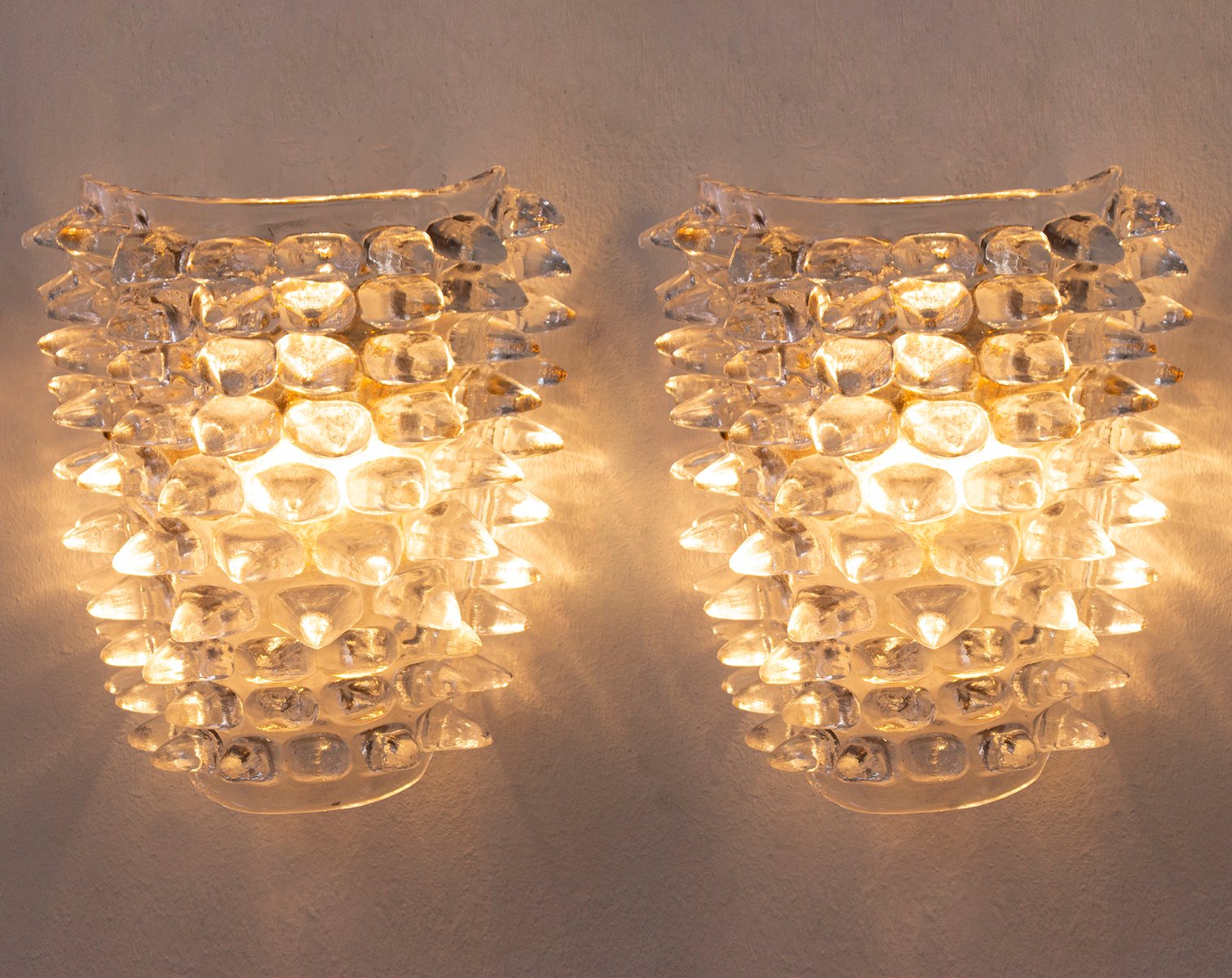 Large Clear Murano Glass Wall Lamps with Spikes and Gold Finish Frames, 1990s, Set of 2 for sale ...