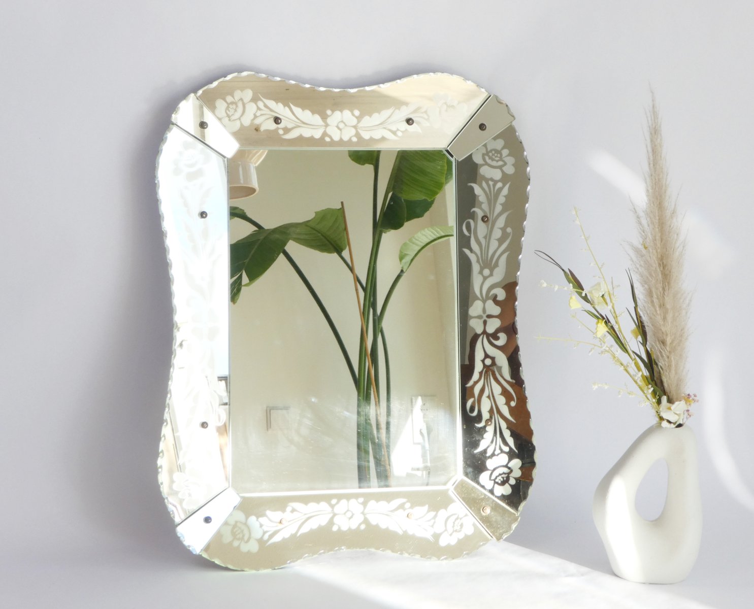 Venetian Rectangular Silver Mirror with Cut Floral Details, Italy ...