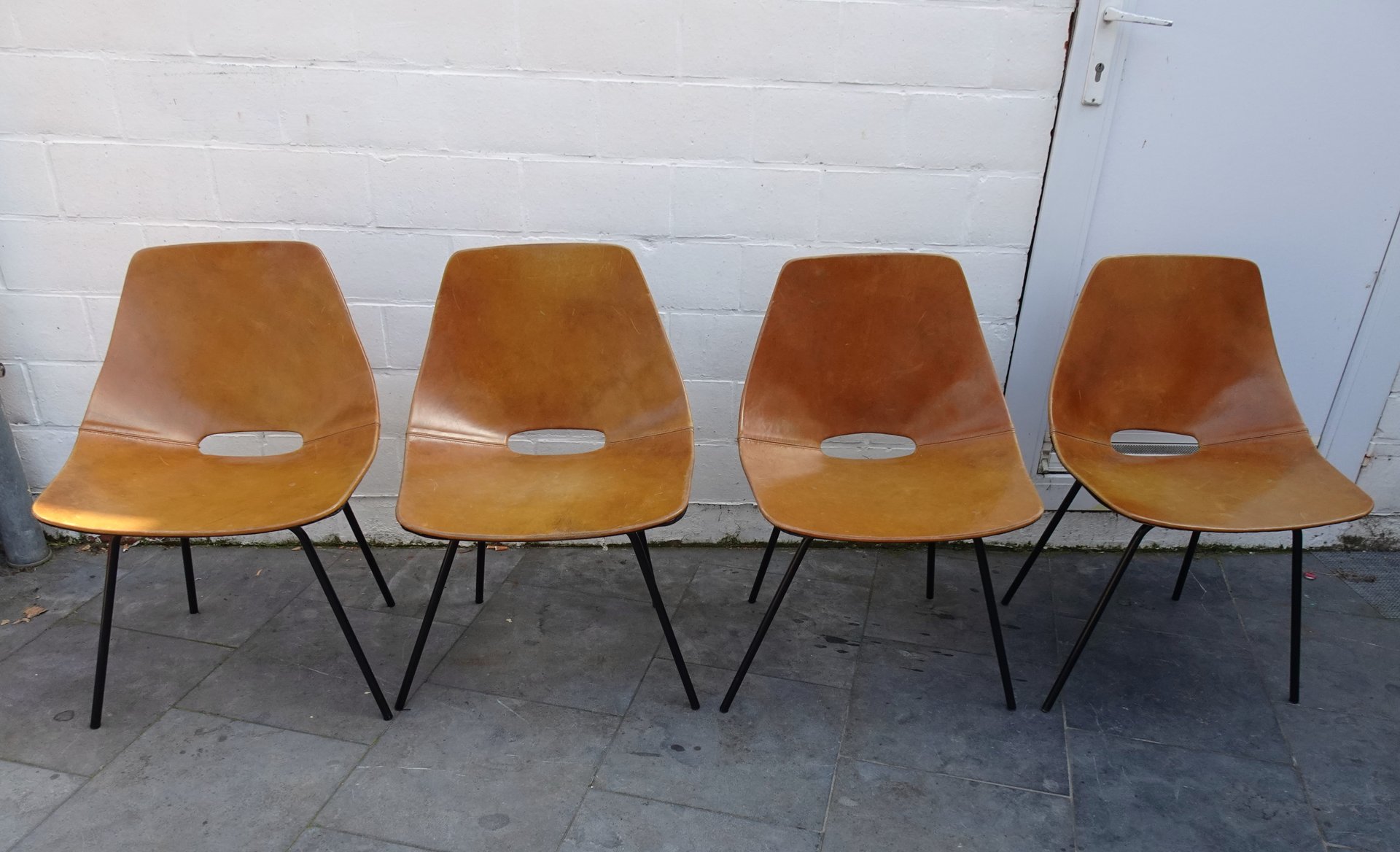 Vintage Cognac Leather Tonneau Chairs by Pierre Guariche, 1990s, Set of ...