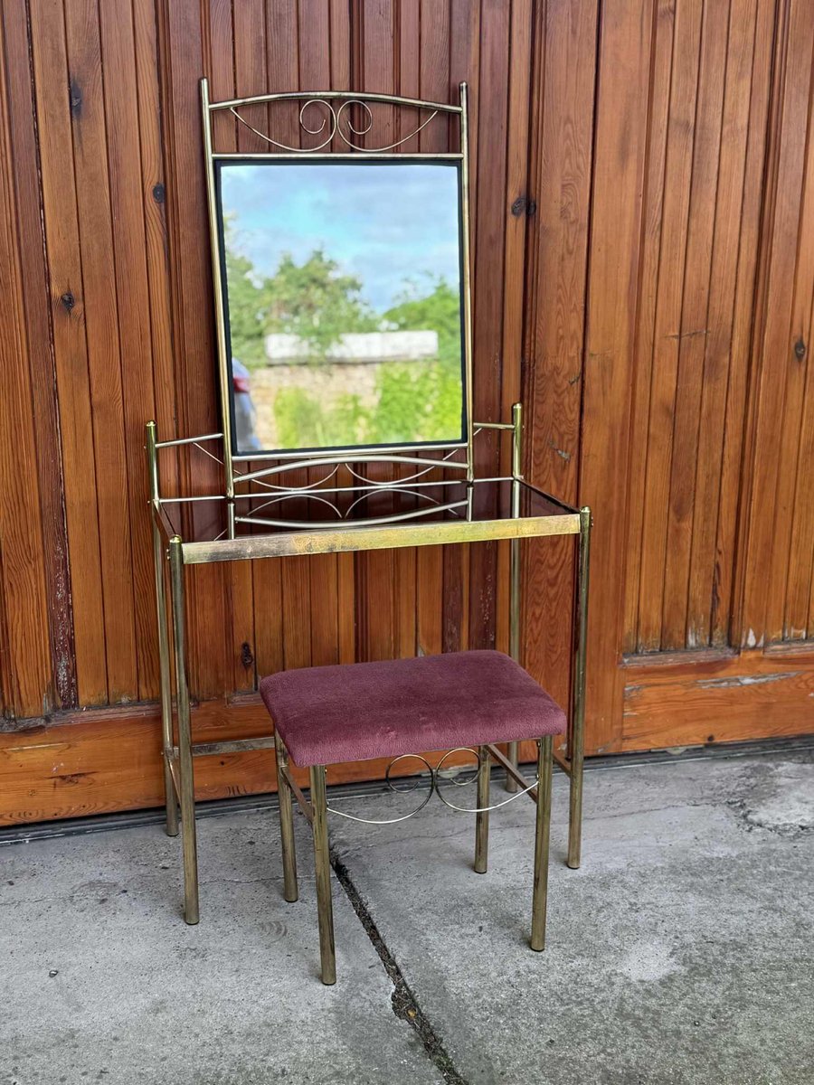 Vintage French Art Deco Style Vanity Table in Brass 1960s, Set of 3 for ...