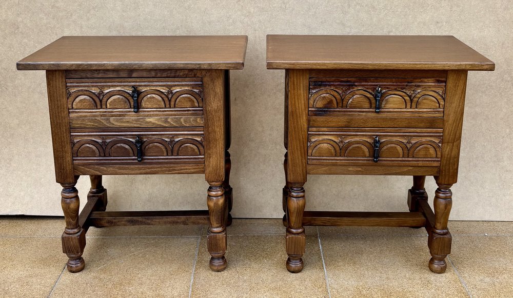 Spanish Oak Bedside Tables with Drawers and Iron Hardware, 1950s, Set ...