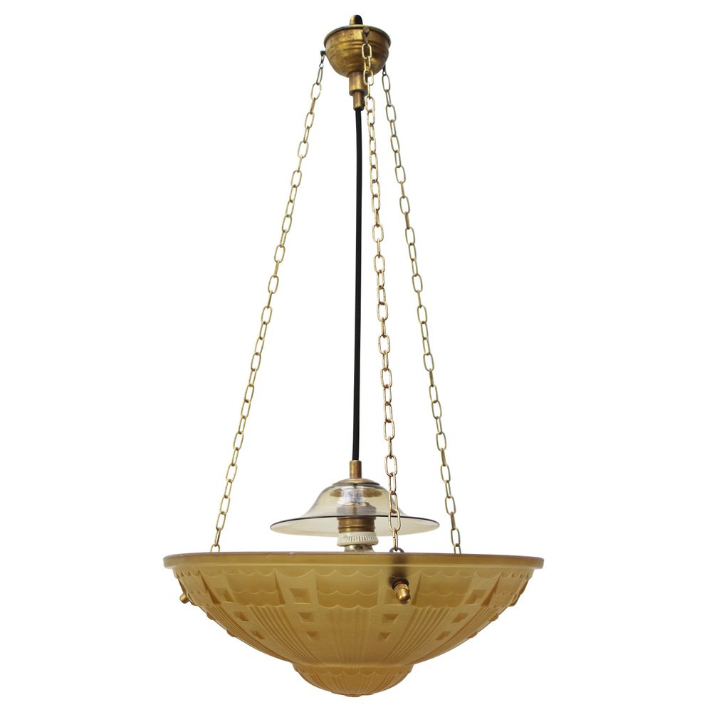 French Art Deco Brass and Etched Ochre Glass Pendant Light, 1920s for ...