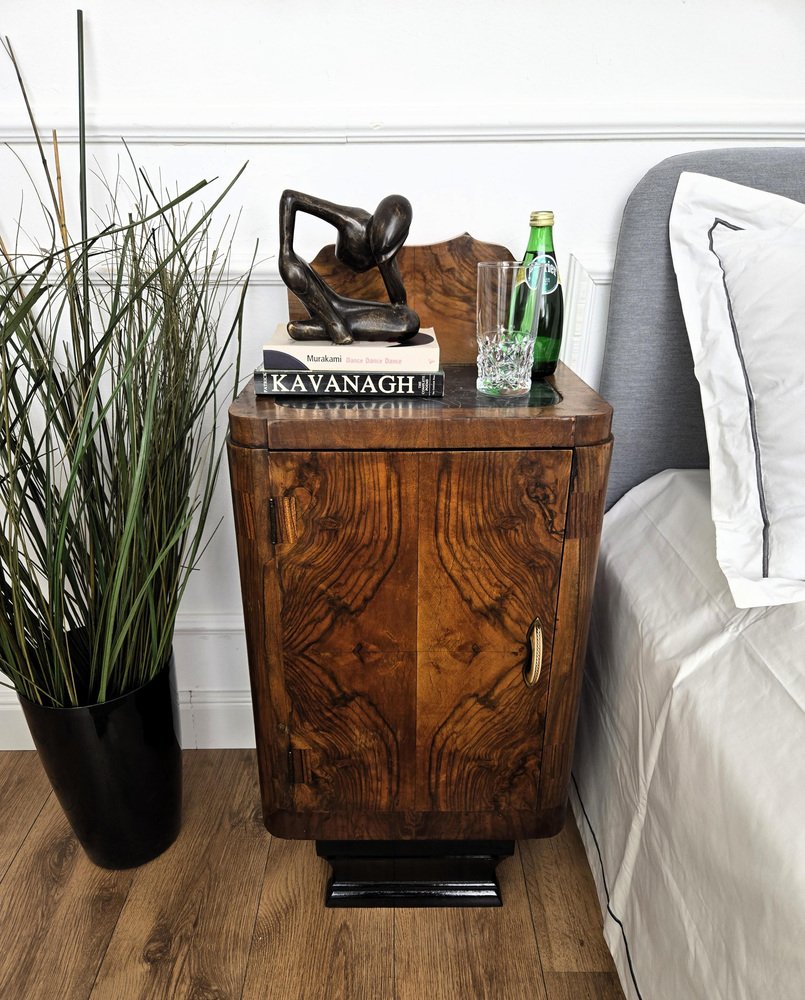 Italian Art Deco Nightstands in Burl Walnut with Black Marble Top ...