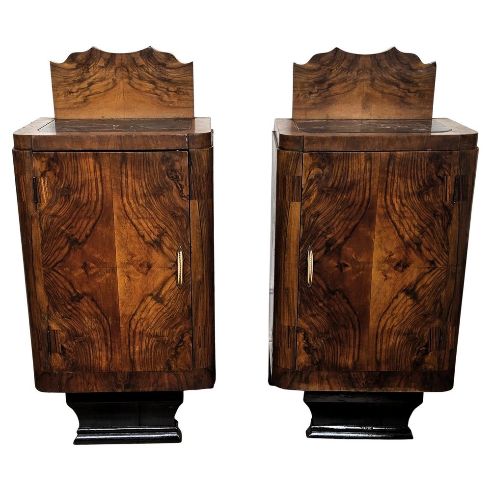 Italian Art Deco Nightstands in Burl Walnut with Black Marble Top ...