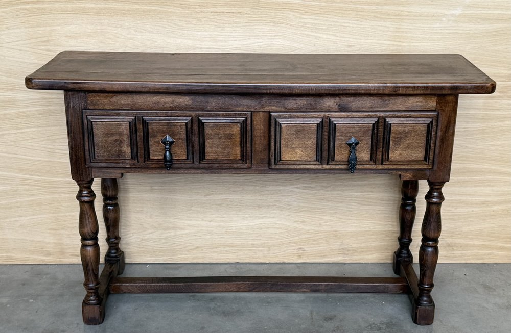 Spanish Console Table with Carved Drawers and Iron Handles, 1890s for ...