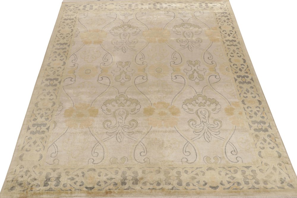 Art Nouveau Style Rug in Beige with Gold Trellis Floral Patterns by Rug ...