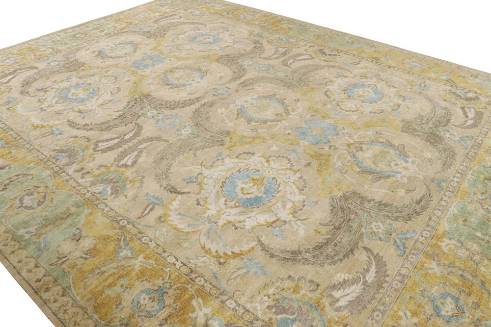 Polonaise Style Rug in Beige with Gold and Blue Floral Patterns by Rug ...