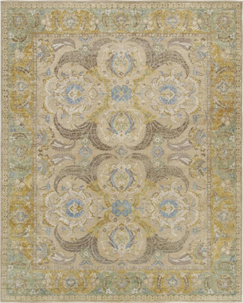 Polonaise Style Rug in Beige with Gold and Blue Floral Patterns by Rug ...