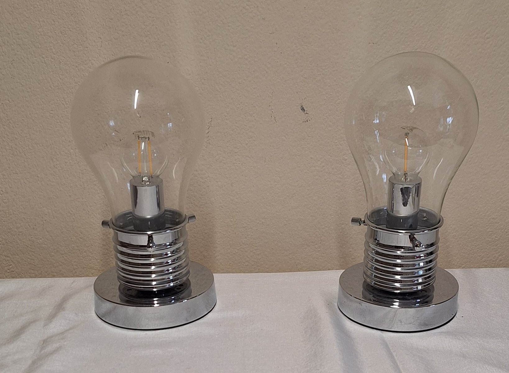 Vintage Light Bulb Bedside Lamps in Chrome-Plated Metal with Clear Pear ...
