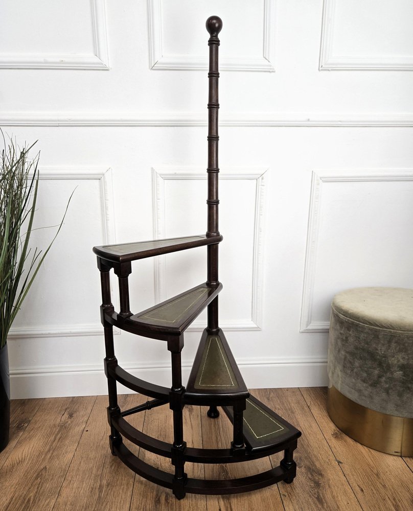 Mid-Century Italian Spiral Carved Walnut and Leather 4-Step Library ...