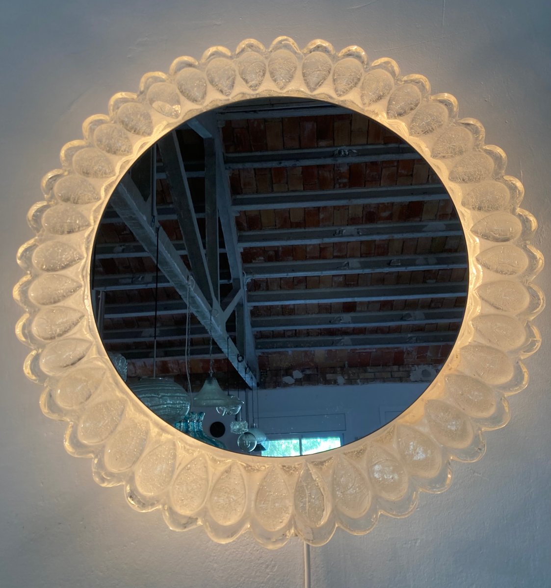 Round Back-Lit Ice Glass Mirror, 1970s for sale at Pamono