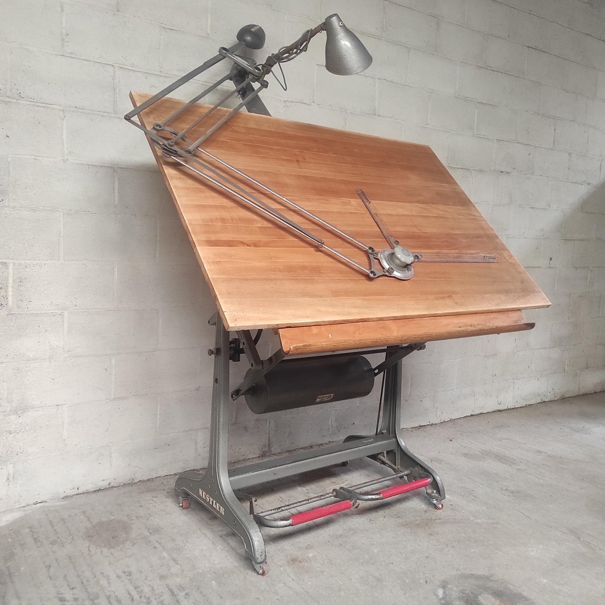 Industrial Drafting Desk with Red Pedals and Drawing Arm for sale at Pamono