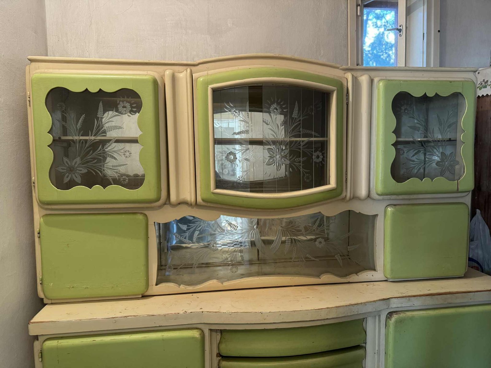 Hungarian Art Deco Green and Cream Kitchen Cabinet with Glass Doors ...