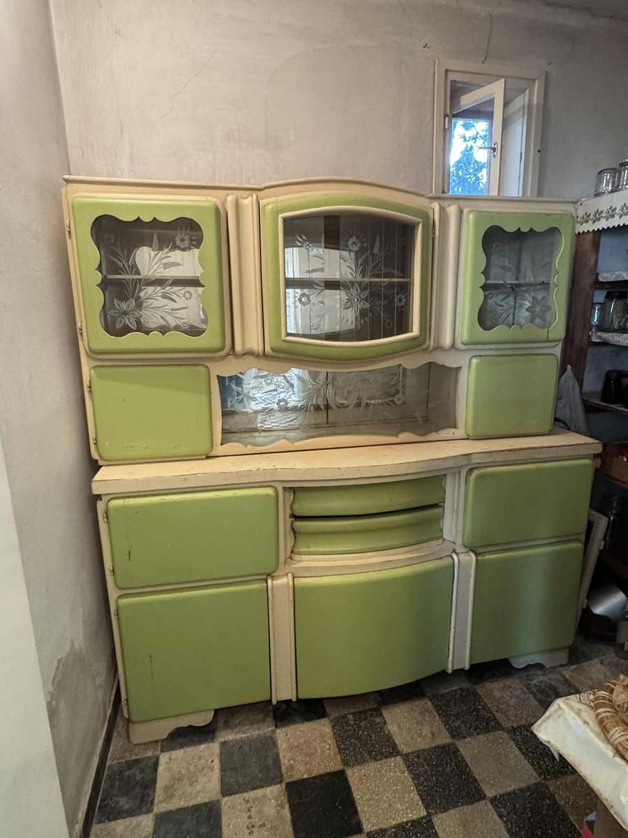 Hungarian Art Deco Green and Cream Kitchen Cabinet with Glass Doors ...