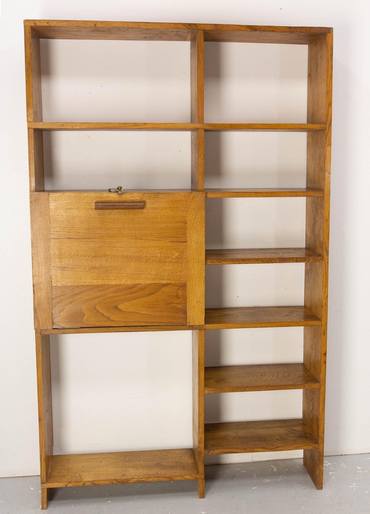 Mid-Century French Oak Bookcase with Folding Desk, 1940s for sale at Pamono
