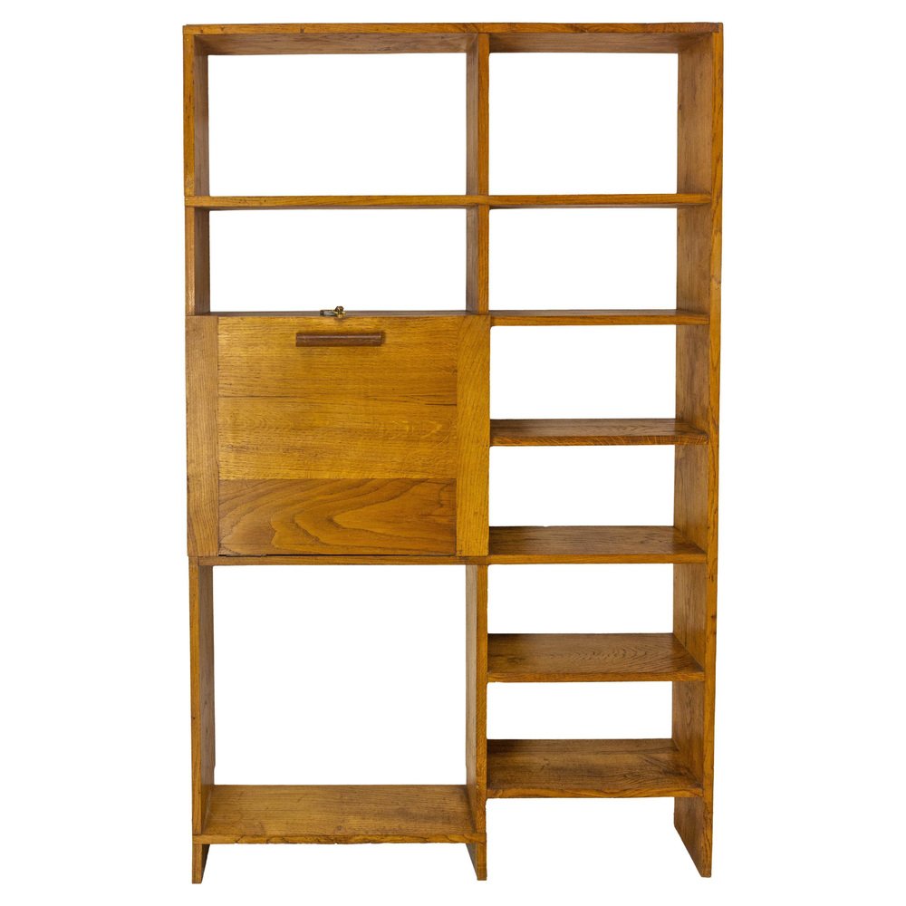 Mid-Century French Oak Bookcase with Folding Desk, 1940s for sale at Pamono