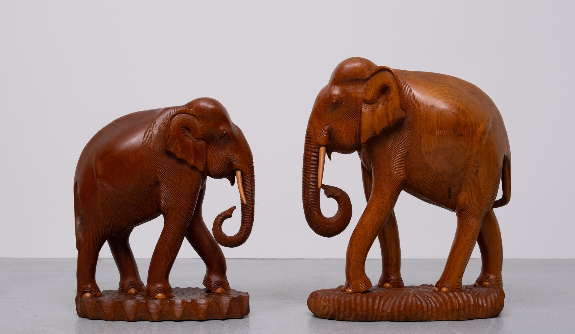 Large Carved Teak Elephant Statue Together with a Smaller Elephant ...