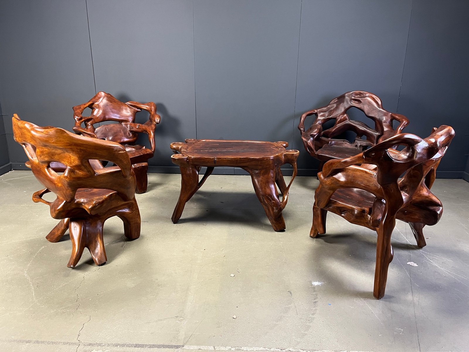 Large Olive Tree Root Chair Set, 1960s , Set of 5 for sale at Pamono