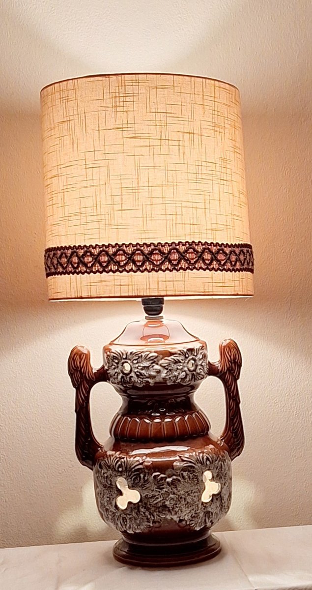 German Table Lamp with Internally Illuminated Brown Fat Lava Ceramic ...